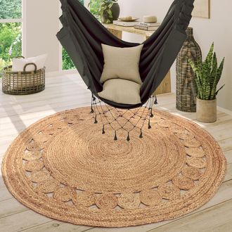 Paco Home Teppich Rund Wohnzimmer Jute Boho Ethno Muster Modern Handgefertigt Naturteppich, Gr&ouml;sse:120 cm Rund, Farbe:Natur