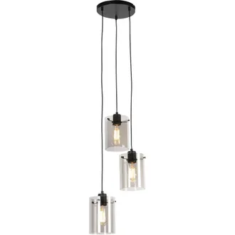 QAZQA Suspension intelligente noire avec verre fum&eacute;, 3 Ampoule ST64 Wifi incluses - Dome