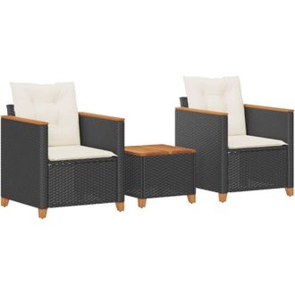vidaXL 3-tlg. Bistro-Set mit Kissen Schwarz Poly Rattan Akazienholz - Vidaxl