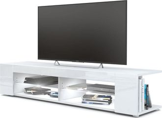 Vladon Lowboard Movie, TV-Kommode mit 4 offenen Fächern und Zierleisten, Weiß matt/Weiß Hochglanz, inkl. LED-Beleuchtung weiß (134 x 29 x 39 cm)