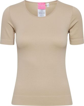 The Jogg Concept JCSAHANA Damen T-Shirt Kurzarm Shirt Rundhalsausschnitt gerippt mit Stretch Tight Fit, Gr&ouml;&szlig;e:L/XL, Farbe:Doeskin (151308)