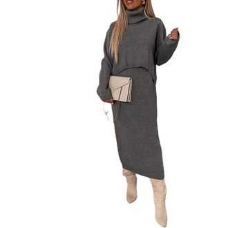 Generic Ensemble robe midi et pull à col roulé côtelé, robe pull à manches longues pour femme, chandail à col roulé, jupes midi, gris, XXL