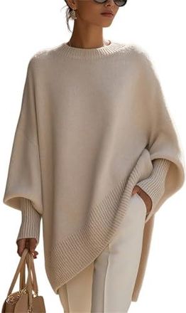 Generic Pull d&eacute;contract&eacute; &agrave; col rond et manches chauve-souris en tricot ample tendance r&eacute;tro paresseux manteau printemps c&ocirc;tel&eacute; chaud ch&acirc;le pull tops, abricot,