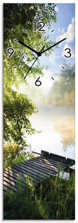 Artland Wanddeko Wanduhr ohne Tickgeräusche Glas Quarzuhr 20x60 cm Rechteckig Lautlos Landschaft Wald Natur See Sonne Urlaub Ländlich T0WD