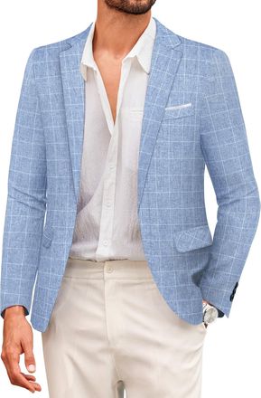 Coofandy Sportlich Herren Sakko Modern Freizeit Blazer Klassischer Anzug 1 Knopf Jackett Regular Fit Leichte Anzugjacke Kariert Clearblau 3XL
