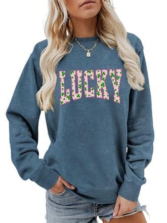 Generic Sweat-shirt porte-bonheur pour la Saint-Patrick pour femme - Motif tr&egrave;fle irlandais - Col rond - Manches longues - Pour femme, bleu, 3XL