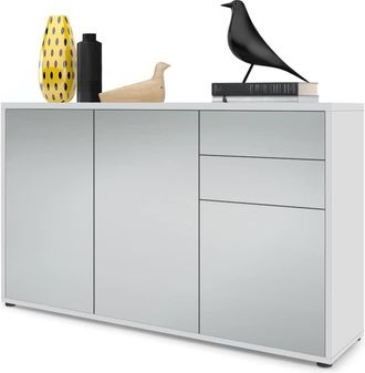 Vladon Sideboard Ben V3, Kommode mit 3 T&uuml;ren und 2 Schubladen, Wei&szlig; matt/Hellgrau Seidenmatt (117 x 74 x 36 cm)