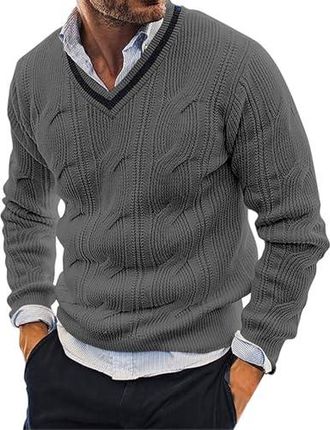 Generic Pull à col en V pour homme, tricot torsadé élégant, léger, coupe ajustée, manches longues, pull décontracté, pull à manches longues, pull dhiver chaud