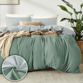 Puredown 1PCS Housse de Couette 135x200cm + 1PCS Taies doreiller 80x80cm, Sets de Housse Couette en Microfibre, Parure de Lit, Oeko-TEX,Vert + Lune Gris