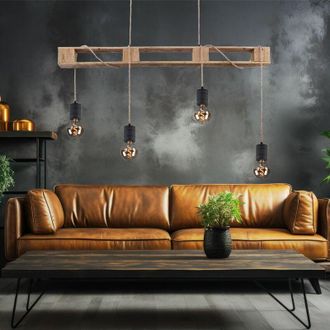 Globo Lighting H&auml;ngeleuchte aus Holz Metall Decken Pendelleuchte 4 flammig Hanfseil H&auml;ngelampe verstellbar, 4x E27, 121x10x120cm, Wohnzimmer Esszimmer