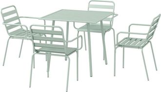 OUTSUNNY Salon de jardin 4 places 5 pi&egrave;ces - table &agrave; manger 4 chaises empilables - acier thermolaqu&eacute; vert de gris