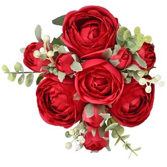 Lurrose Romantischer K&uuml;nstlicher Brautstrau&szlig; aus Langlebigem Material 10 K&ouml;pfe Gro&szlig;e Rote Hochzeitsdekoration f&uuml;r Braut und Feier