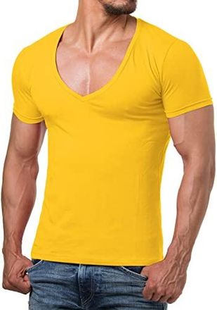ReRock RR-1315 pour Young & Rich 1315 T-shirt homme &agrave; col en V profond uni T-shirt de fitness - Taille S &agrave; 3XL, jaune, XL