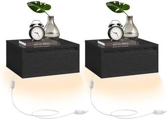 Vasagle Nachttisch h&auml;ngend 2er Set, Leuchte mit 3 Farben, schwebendes Wandregal, Schublade, 35 x 40 x 18 cm, modern, Wohnzimmer Schlafzimmer, ebenholzschwarz 