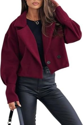 Generic Manteau Court en Laine M&eacute;lang&eacute;e pour Femme Coupe Tendance Manches Ballon Revers Crant&eacute; Style Blazer Id&eacute;al pour Le Bureau Ou Le Travail. Manteau Court 