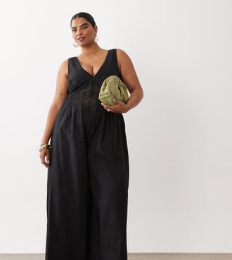 Asos Curve ASOS DESIGN Curve combinaison avec empi&egrave;cement taille en crochet noire-Blanc