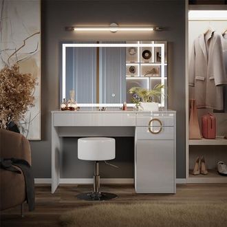 Vicco Coiffeuse Adela, Blanc Haute Brillance, 115 cm avec Miroir LED et Tabouret