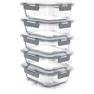Arendo Glas Lunchboxen Frischhaltedosen f&uuml;r Lebensmittel mit Deckel luftdicht - 5er Set - 1050 ml - f&uuml;r Mikrowelle Ofen Gefrierschrank - Sp&uuml;lmaschinen geeign