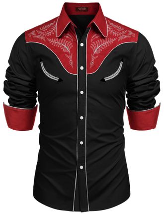 Coofandy Herren Westernhemd Cowboy Bestickt Langarm Button Down Hemd - - XX-Large