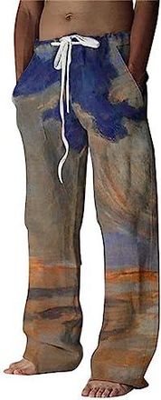 Generic Pantalon de plage d&eacute;t&eacute; long pour homme - Pantalon d&eacute;t&eacute; avec taille &eacute;lastique - Pantalon en lin batik - Pantalon de travail - Coupe droite - Pantalon d