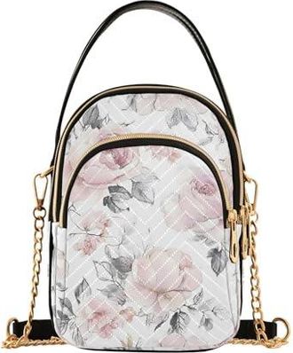 Mnsruu Sac à bandoulière pour femme avec sangle réglable - Motif floral rose et feuilles grises
