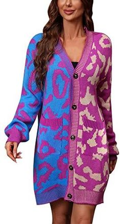 Generic 2026 Vestes dautomne et dhiver pour femme - Imprim&eacute; l&eacute;opard - Coutures tricot&eacute;es - Veste chandail mi-longue, violet, XL