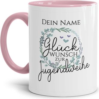 Tassendruck Personalisierte Jugendweihe-Tasse mit Spruch und Name - Kranz - Glückwunsch - Jugendweihe Geschenk mit Name personalisiert, Namenstassen | 300 ml, Inn