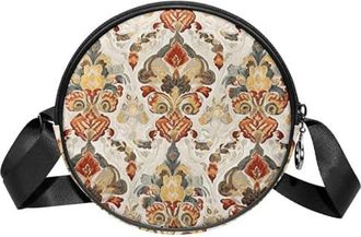 Generic Sac &agrave; bandouli&egrave;re rond pour femme, imprim&eacute; r&eacute;tro, petit sac &agrave; bandouli&egrave;re avec fermeture &eacute;clair, bretelles r&eacute;glables, sac &agrave; main rond d&eacute;contract&eacute; pour