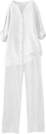 Generic Ensemble uni pour femme - Tendance - D&eacute;contract&eacute; - Coton et lin - Chemise &agrave; manches longues et pantalon long &agrave; nouer - Costume Jack, Blanc., XXL