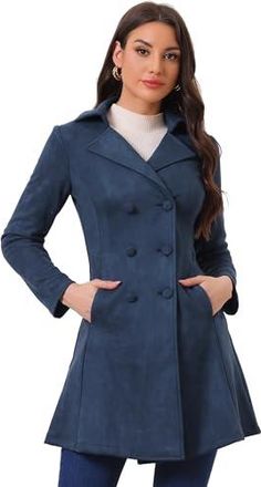 Allegra K Manteau long dhiver élégant à double boutonnage pour femmes Bleu Foncé M