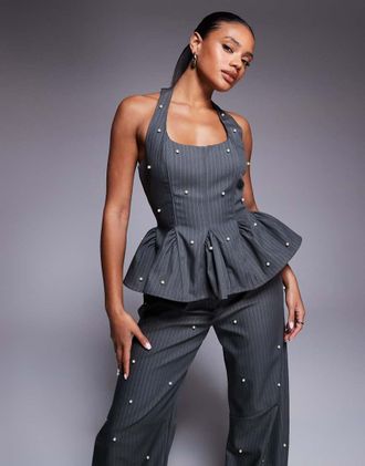Asos Top style corset &agrave; basque densemble &agrave; perles et fines rayures - Gris