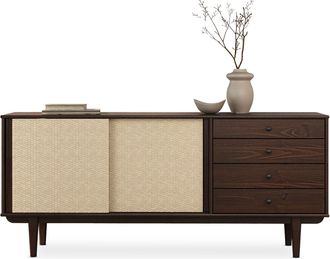 IDIMEX Sideboard Simona mit Rattan-Geflecht 175cm, nussbaumoptik - 4 Schubladen und 2 Schiebet&uuml;ren, Flurkommode mit Einlegeboden, Wohnzimmer