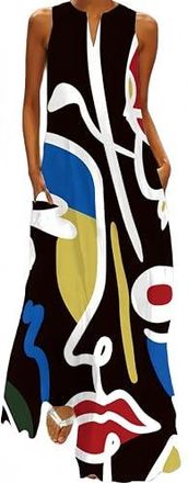 Ocean Plus Femmes Été Longueur de Sol Robes Femmes sans Manches Col en V Imprimé Maxi Robe Longue Robe (5XL, Peinture Abstraite)