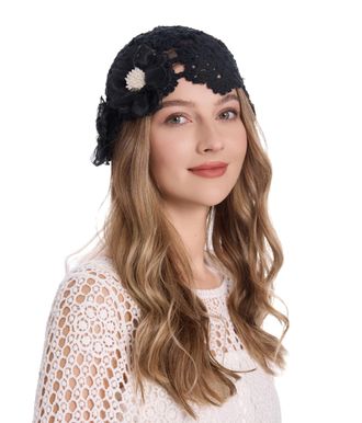 ZLYC Damen M&auml;dchen M&uuml;tze Handgemachte Sommerm&uuml;tze Strickm&uuml;tze, Schwarze dekorative Blumen, One Size