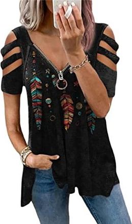 Onsoyours Femme T-Shirt Manches Courte Sweatshirt Col en V Tee Shirts De Sport Lâche Chemisier Tops Blouse Décontractée Casual Poches D Noir 3XL