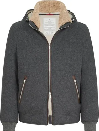 Brunello Cucinelli Bonded Wool Flannel Down Jacket With Detachable Hood