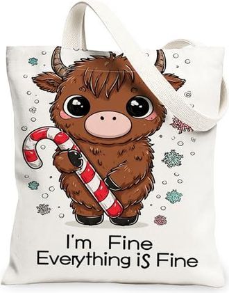 Generic Sacs fourre-tout en toile avec motif animal mignon de No&euml;l, motif vache fantaisie, sacs d&eacute;picerie r&eacute;utilisables, l&eacute;gers et lavables, blanc, 13x15 Inch