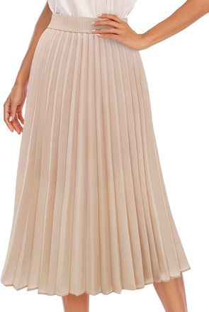 Dresstells Plissee Rock Damen Chiffon Maxi Langer Faltenrock A-Linie Hohe Taille Festlicher Midi-Rock Casual Strandrock Champagne 2XL