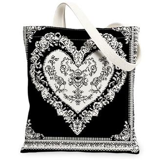 Generic Sacs fourre-tout vintage en toile &agrave; motif de coeur, motif floral &eacute;l&eacute;gant, sacs d&eacute;picerie r&eacute;utilisables, l&eacute;gers et lavables en toile pour voyage, shopp