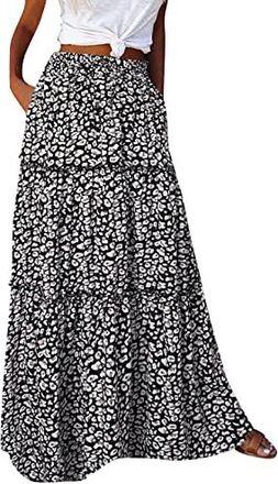 Generic Robe boh&egrave;me 2026 pour femme - Longue jupe pliss&eacute;e - Taille haute &eacute;lastique - Avec poches et ceinture, Noir, L