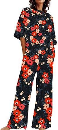 Generic Ensemble de pyjama à manches courtes pour femme - Haut long et pantalon - Ensemble de loisirs avec poches - Tenues deux pièces - Ensemble de pyjama do