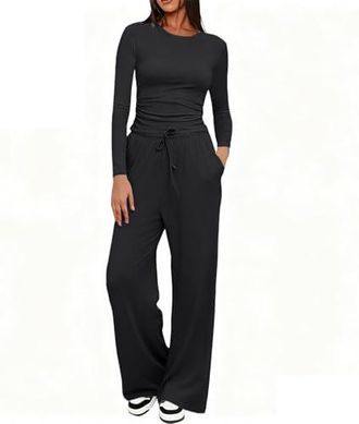 Generic Ensemble de salon 2 pi&egrave;ces pour femme &agrave; manches longues, &eacute;paules d&eacute;nud&eacute;es, pantalon &agrave; jambes larges, ensemble de d&eacute;tente pour femmes, Noir, XL