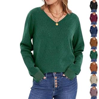 Generic Pull en tricot &eacute;l&eacute;gant &agrave; col en V Pointelle, d&eacute;contract&eacute;, doux, confortable, l&eacute;ger &agrave; manches longues, Vert, XXL