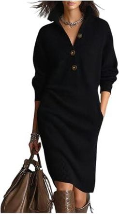 ORANDESIGNE Robe Pull Femme Hiver Tunique Longue Col Montant Chic et Elegant Robe Mi Longue avec Poches A Noir XS