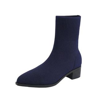 Generic Bottines courtes en tricot extensible pour femme - &Eacute;l&eacute;gantes - Couleur unie - Bout pointu - Respirantes - Talon &eacute;pais - Confortables - &Agrave; enfiler - Sty