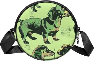 Generic Petit sac &agrave; bandouli&egrave;re circulaire pour femme, motif teckel avec fermeture &eacute;clair, bretelles r&eacute;glables, sac &agrave; main rond d&eacute;contract&eacute; pour femmes et fil