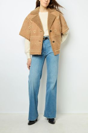 Gerard Darel Veste courte en peau lain&eacute;e brod&eacute;e - LYSIANNA - Paille