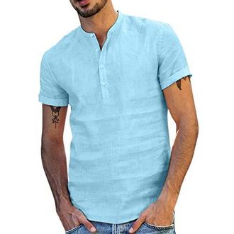 Generic Chemise dentra&icirc;nement en coton et lin pour homme - Chemisier &agrave; manches courtes et solides pour homme - Chemises r&eacute;tro baggy en coton m&eacute;lang&eacute; - Chemisi