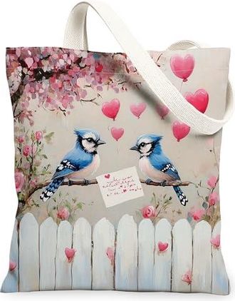 Generic Sac fourre-tout en toile motif geai bleu pour le shopping, 33 x 38 cm, sac &agrave; bandouli&egrave;re r&eacute;utilisable pour femme, peinture florale, d&eacute;coration cadeau