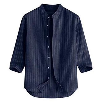 Generic Chemise en coton et lin pour homme - Chemisier d&eacute;t&eacute; ray&eacute; en coton d&eacute;contract&eacute; - Col haut &agrave; 7 points - Chemise &agrave; manches boutonn&eacute;es - Tunique pour homm